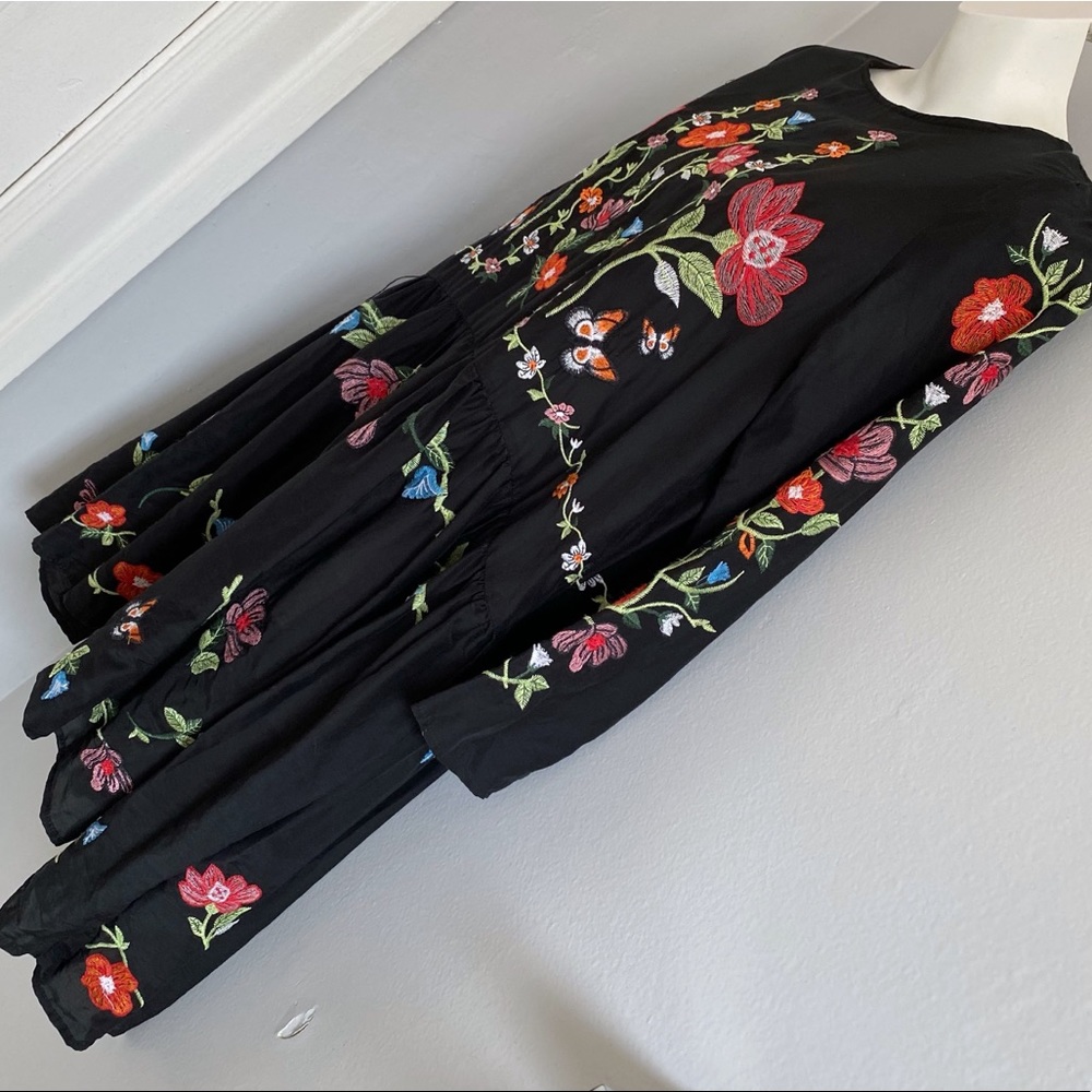 Zara Floral Embroidery Ls Babydoll Dress Black Xs - Gem